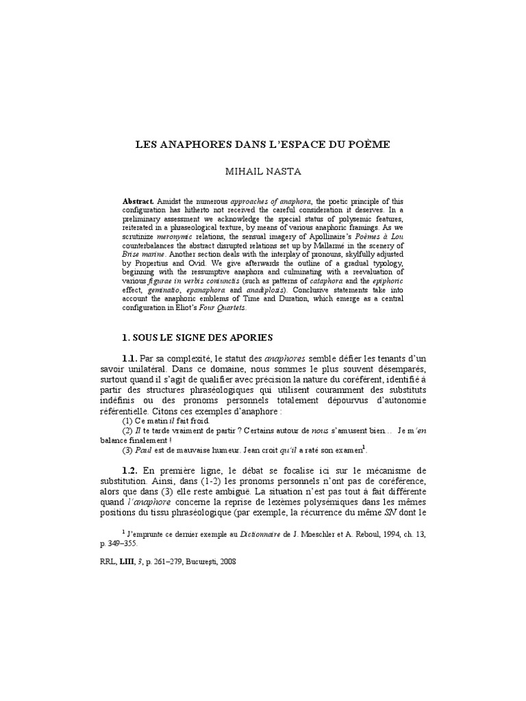 Anaphores et Poésie : Une Analyse | PDF | Phrase | Vérité