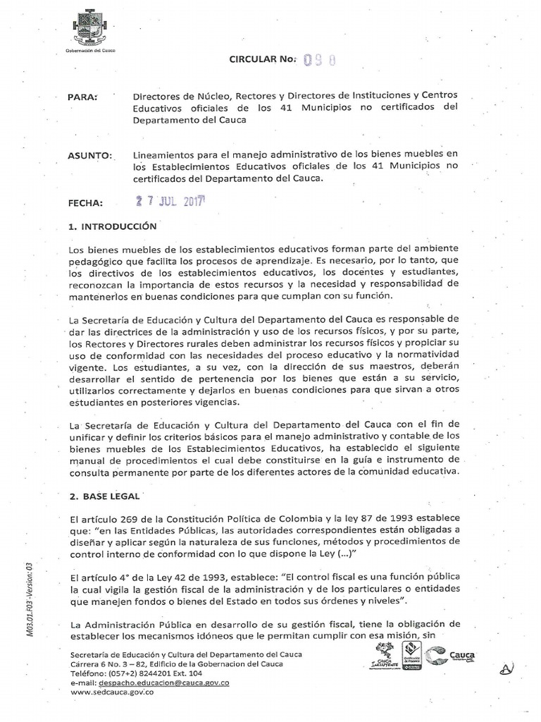 Circular 098 Lineamientos Manejo Adtvo Bienes Muebles Pdf