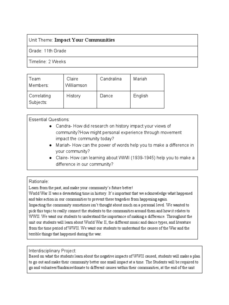 Interdisciplinary Unit Plan 3 | PDF | Educational Assessment | Dances