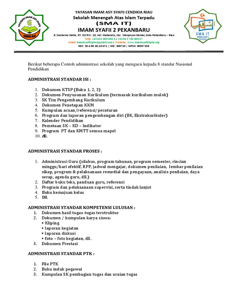Contoh Administrasi Sekolah Berdasarkan 8 Standar Pendidikan | PDF