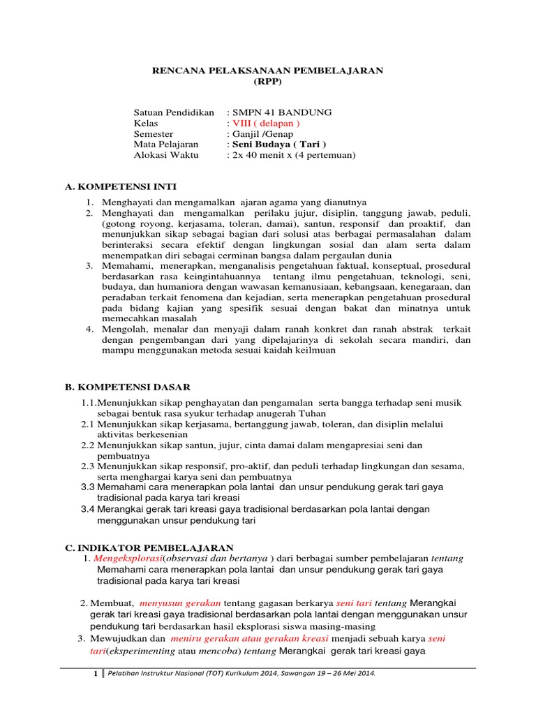 RPP Kelas VIII Seni Tari | PDF | Seni & Disiplin Bahasa