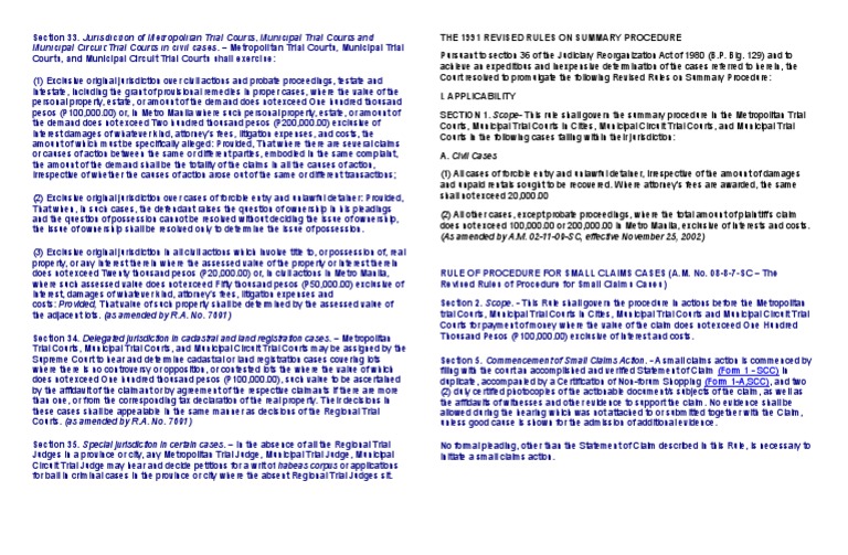 Jurisdiction of MTC MeTC MCTC and Summary Procedure | PDF | Trial Court ...
