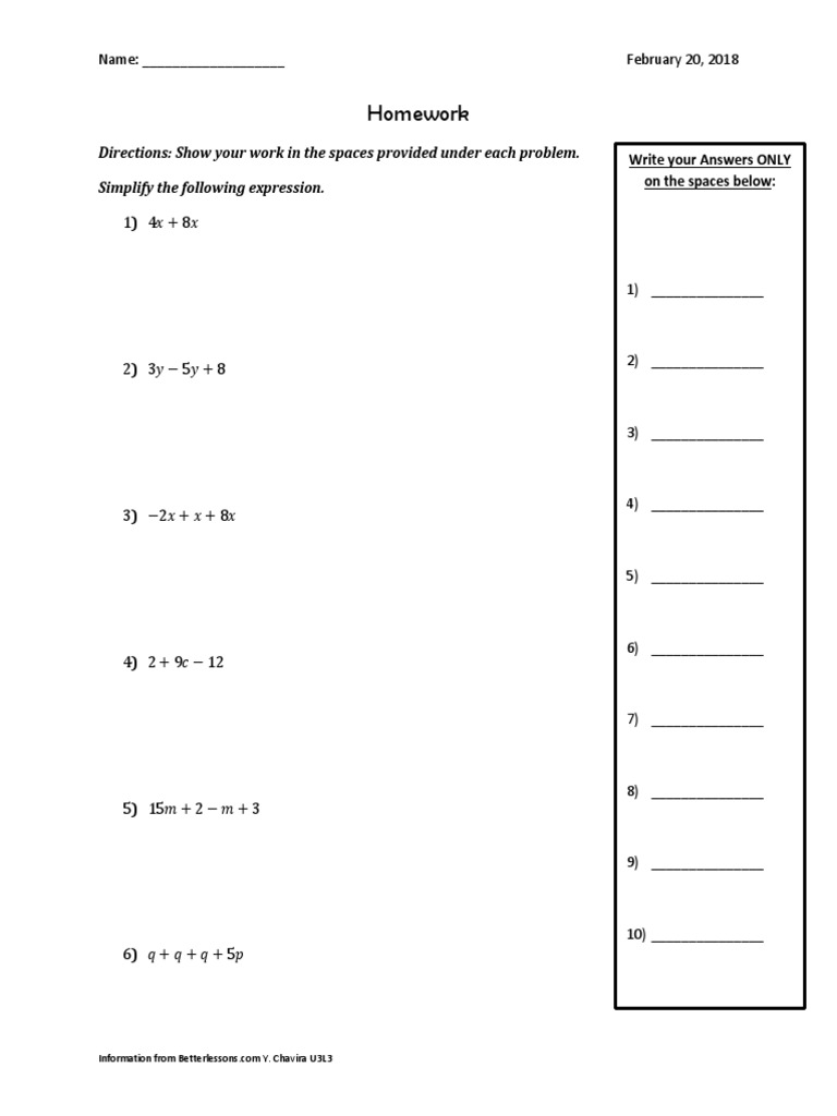 Day 42 - HW - Combining Like Terms Order of Ops - 2013 - 10 | PDF