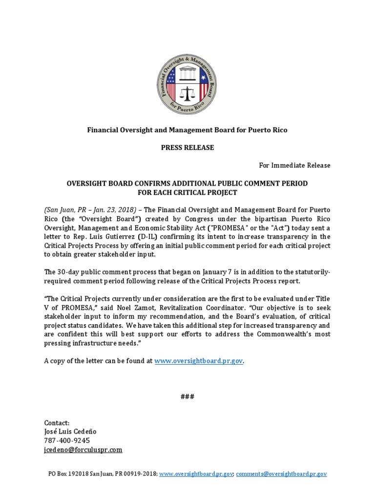 General Release Announcing Additional Public Comment Period For CPP ...