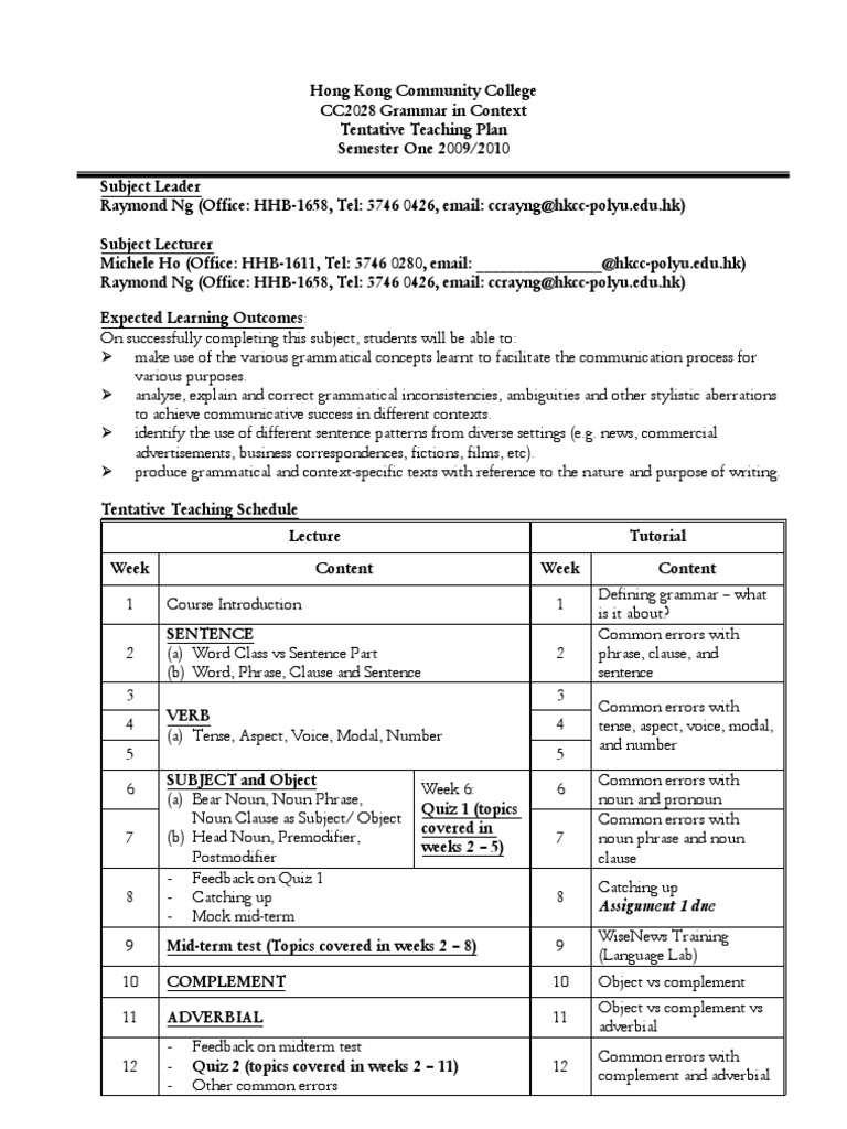 CC2028 Tentative Teaching Plan | PDF | Subject (Grammar) | Sentence ...