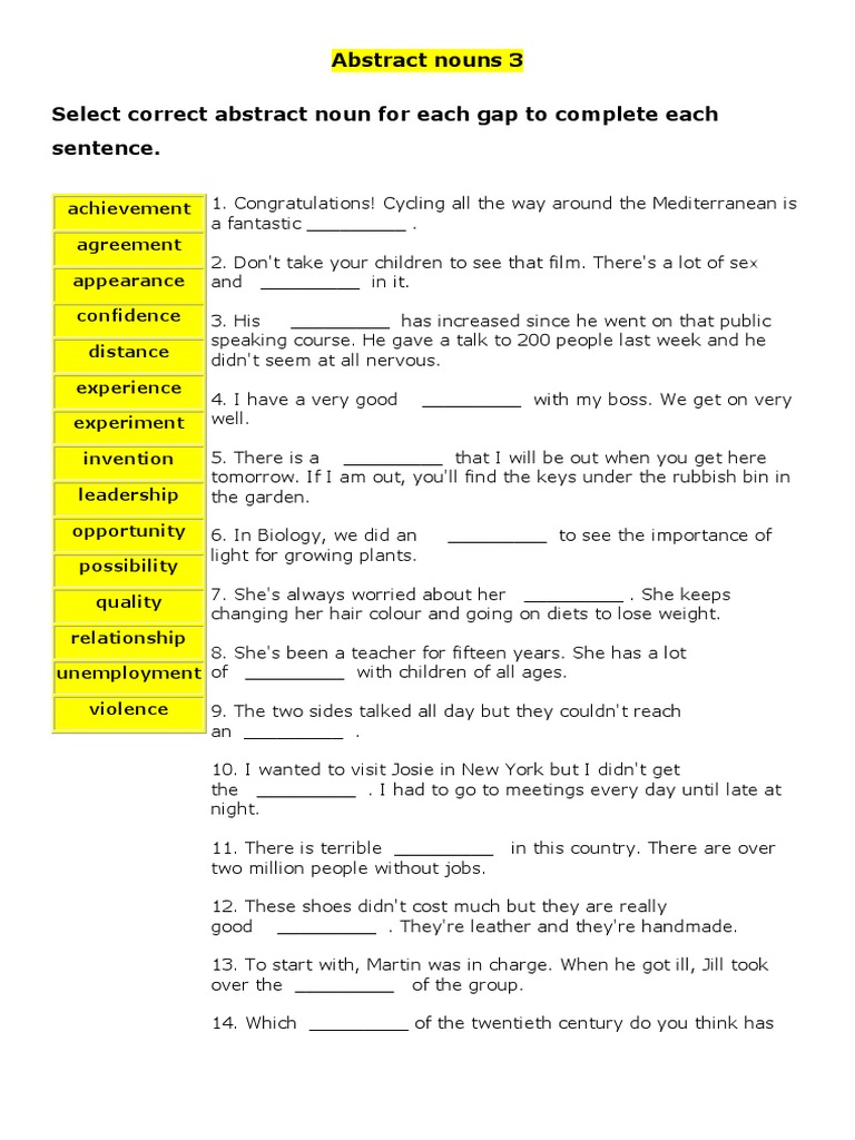 Abstract Noun Selection Exercise | PDF | Language Arts & Discipline