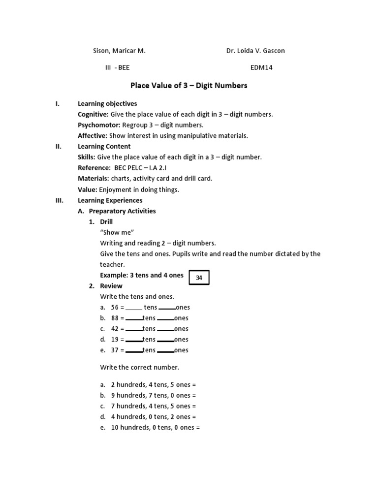 Place Value of 3 - Digit Numbers | PDF | Lesson Plan | Teaching