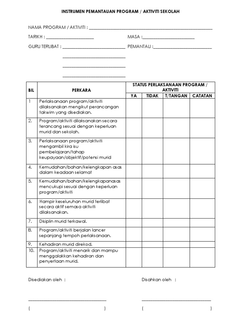 Borang Pemantauan Aktiviti Sekolah | PDF