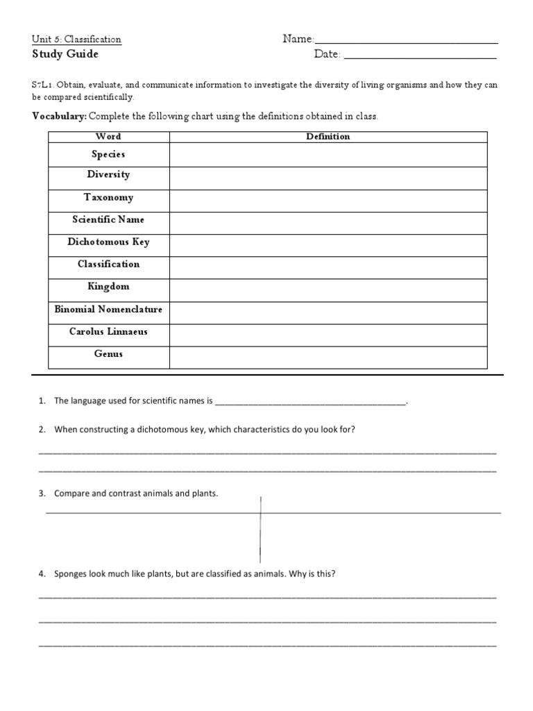 Unit 5 Classification Study Guide Edited 1 | PDF | Biological ...