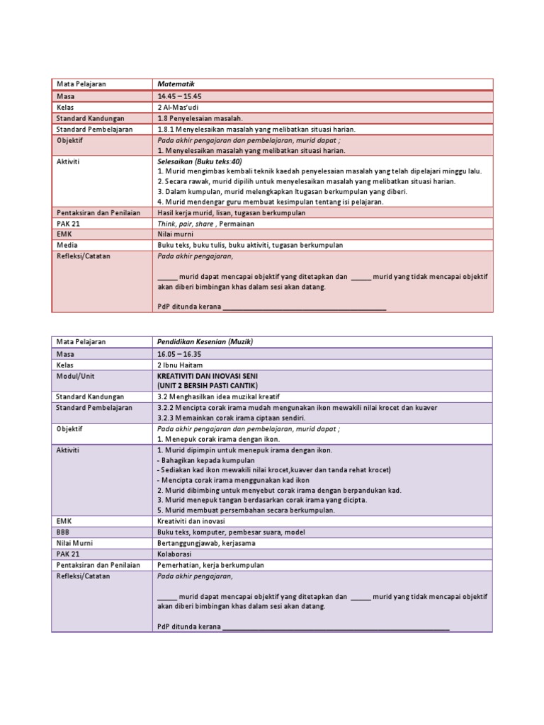 Contoh RPH Tahun 2 | PDF