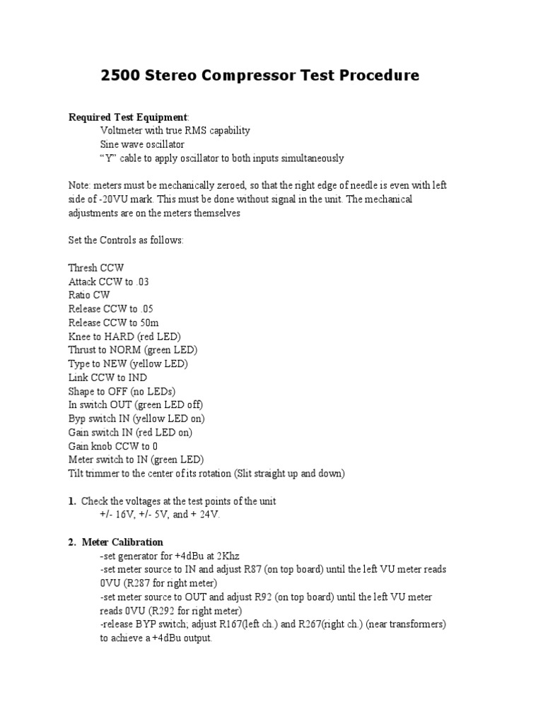 2500 Stereo Compressor Test Procedure | PDF | Voltage | Electronic ...