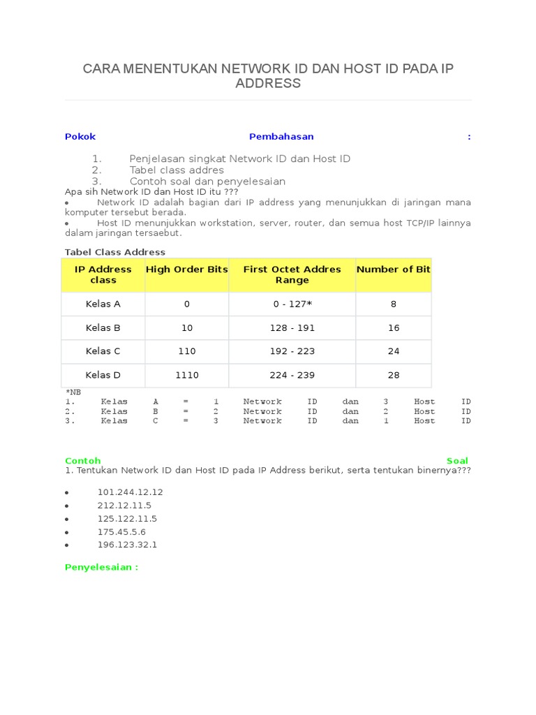Menentukan Network ID dan Host ID IP | PDF