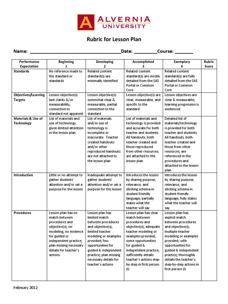Rubric For Lesson Plan 1 | PDF | Educational Assessment | Lesson Plan