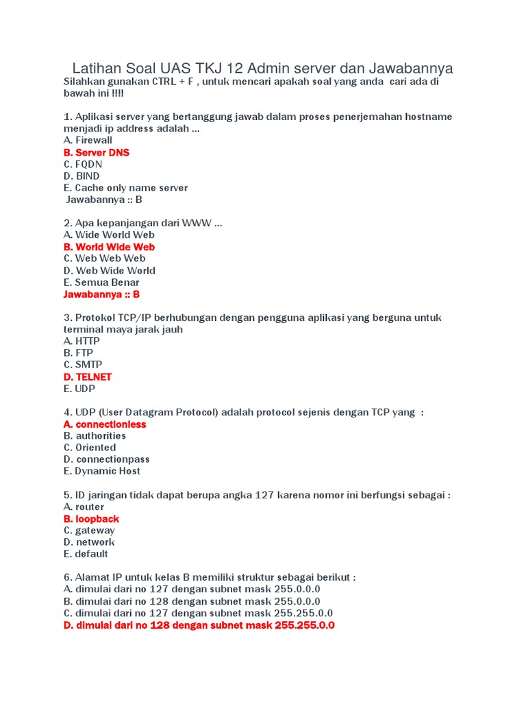 Latihan Soal UAS TKJ 12 Admin Server Dan Jawabannya | PDF | Komputer