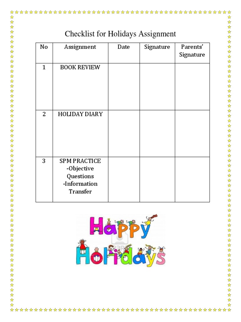 Checklist For Holidays Assignment | PDF