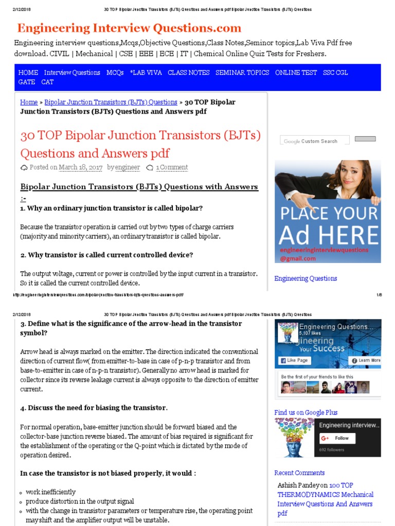30 TOP Bipolar Junction Transistors (BJTS) Questions and Answers PDF ...
