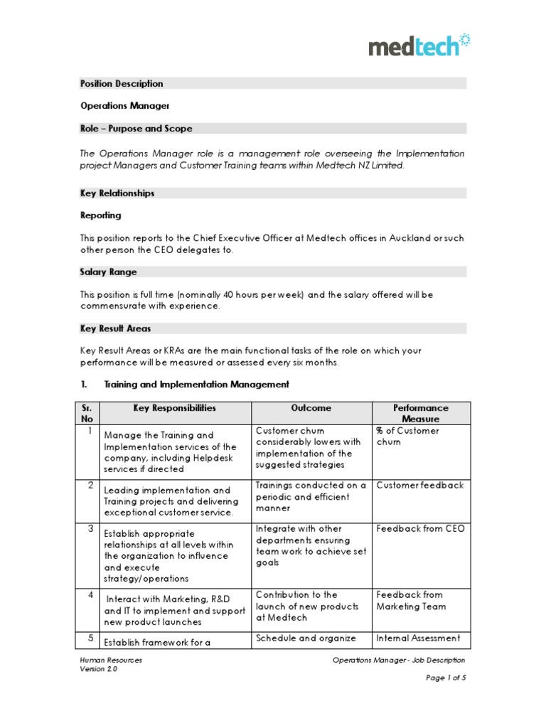 JD Operations Manager March 2015 | PDF | Occupational Safety And Health ...
