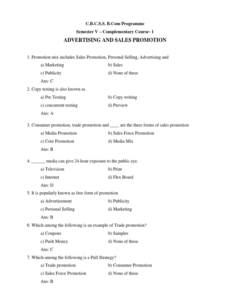 Advertising and Sales Promotion MCQs | PDF | Promotion (Marketing ...