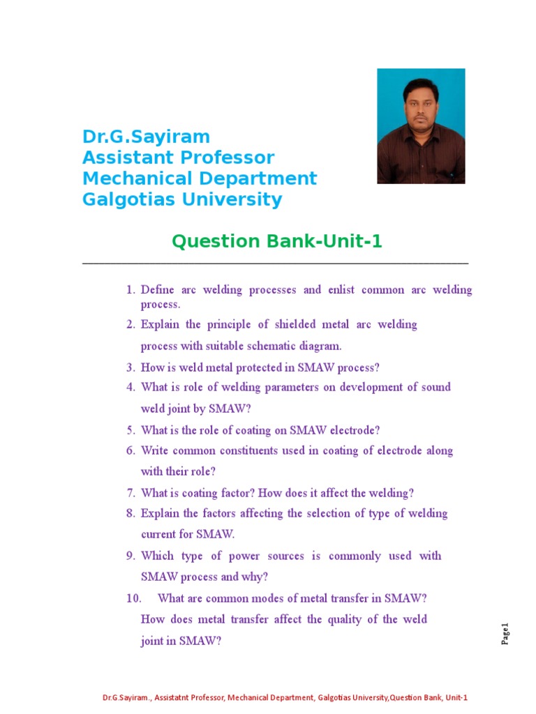 Arc Welding Processes Question Bank | PDF | Welding | Construction