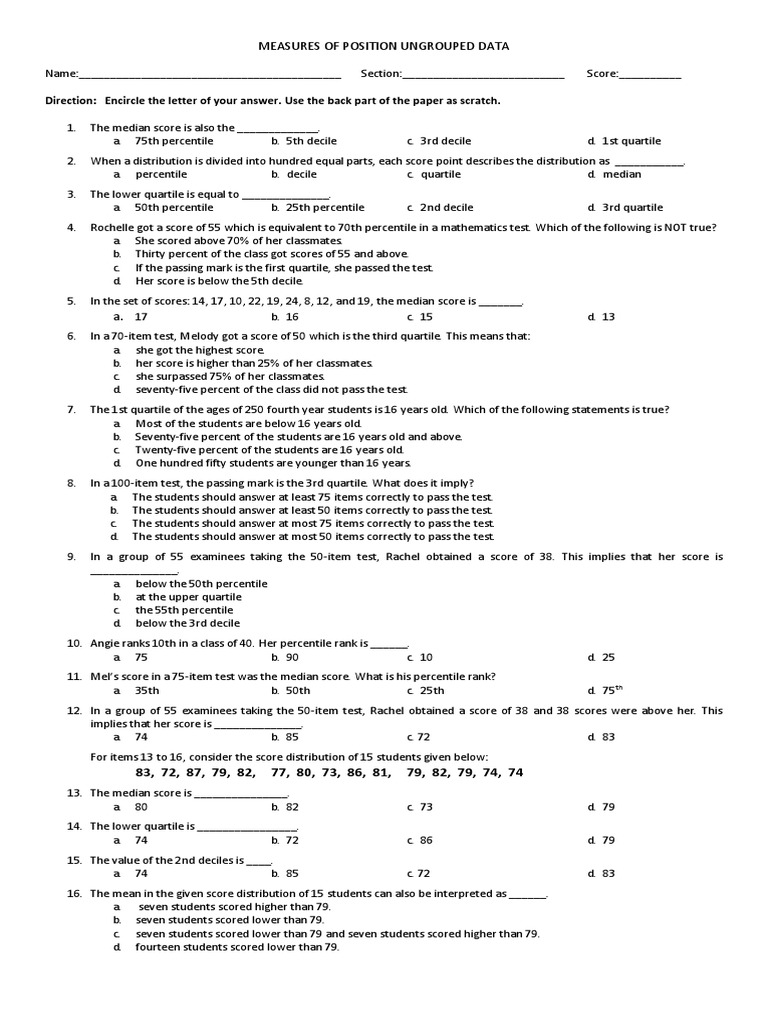 Summative Test Measures of Position Ungrouped Data | Percentile | Median