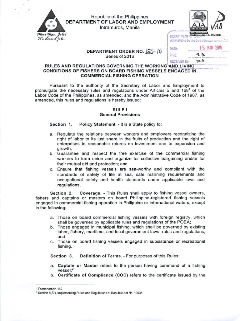 DOLE Dept Order No - 156-16 Fishermen PDF | PDF