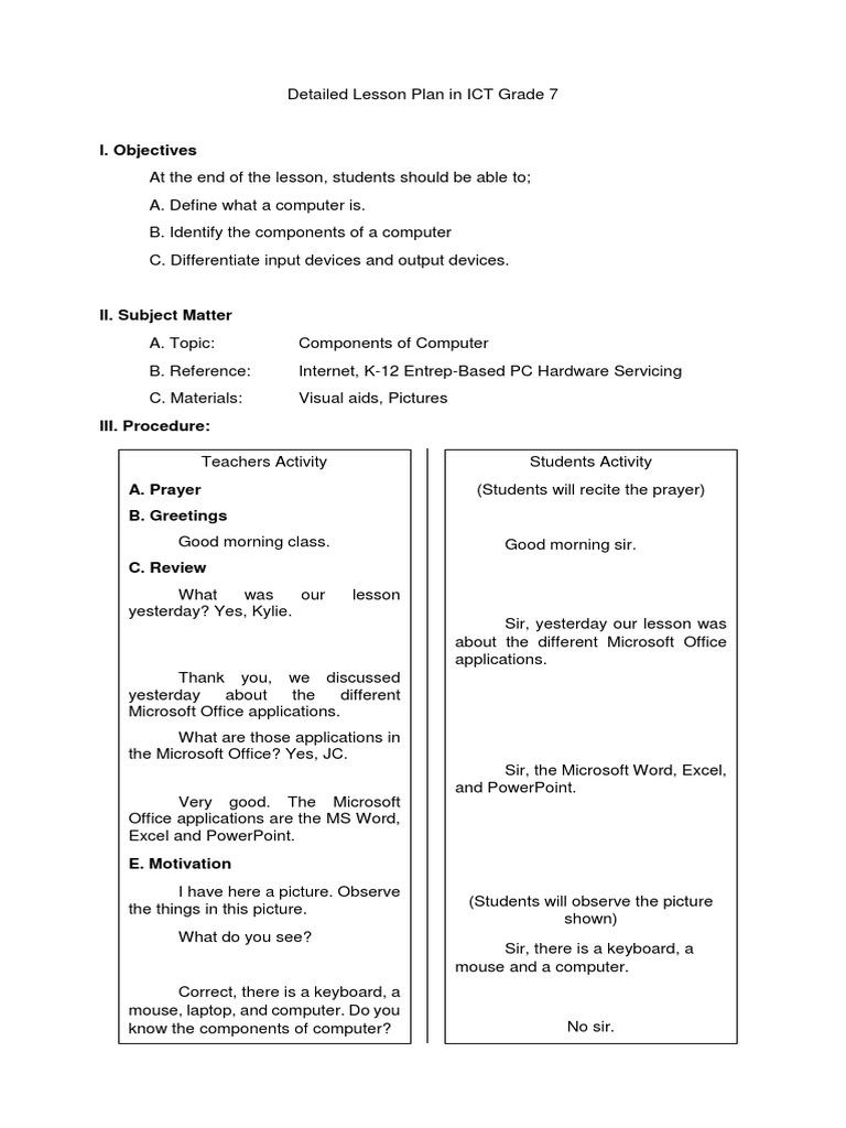 Detailed Lesson Plan in ICT Grade 1 | PDF | Input/Output | Computer ...