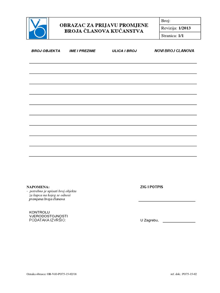 Obrazac Za Prijavu Promjene Broja Clanova Kucanstva | PDF