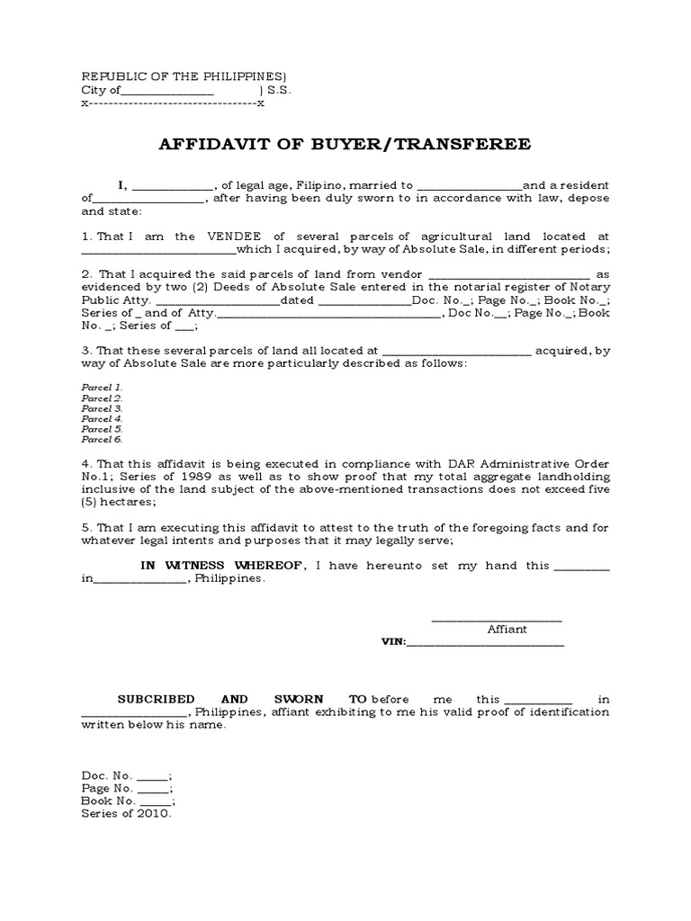 Affidavit of Buyer or Transferee
