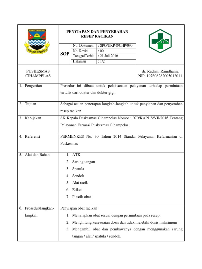 Prosedur Penyerahan Resep Racikan Obat | PDF