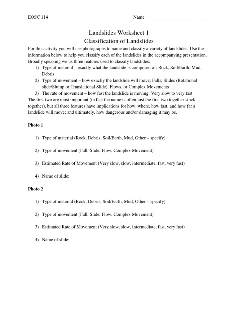 Landslides Worksheet 1 | PDF | Landslide | Soil Science