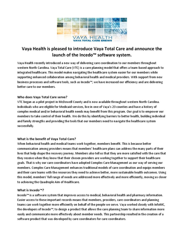 Vaya Total Care - Incedo Overview | PDF | Health System | Health Care