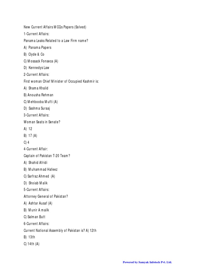 New Current Affairs MCQs Papers (Solved | PDF | Pakistan