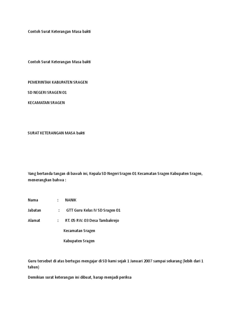 Contoh Surat Keterangan Masa Bakti | PDF