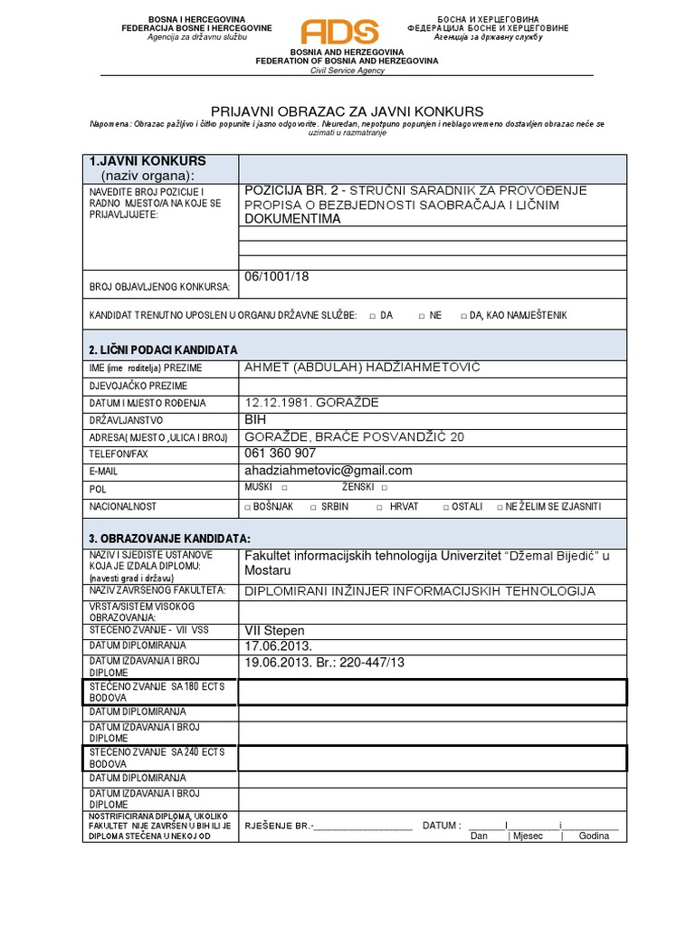Prijavni Obrazac Na Konkurs | PDF