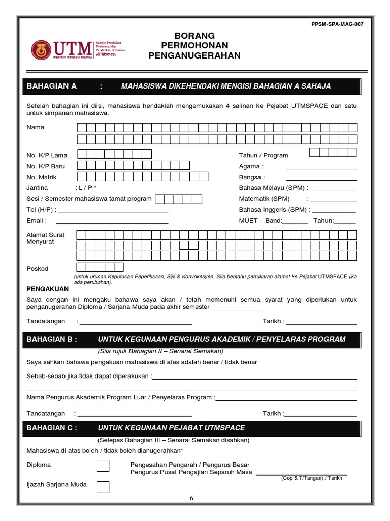 Borang Permohonan Penganugerah SPA 6 | PDF