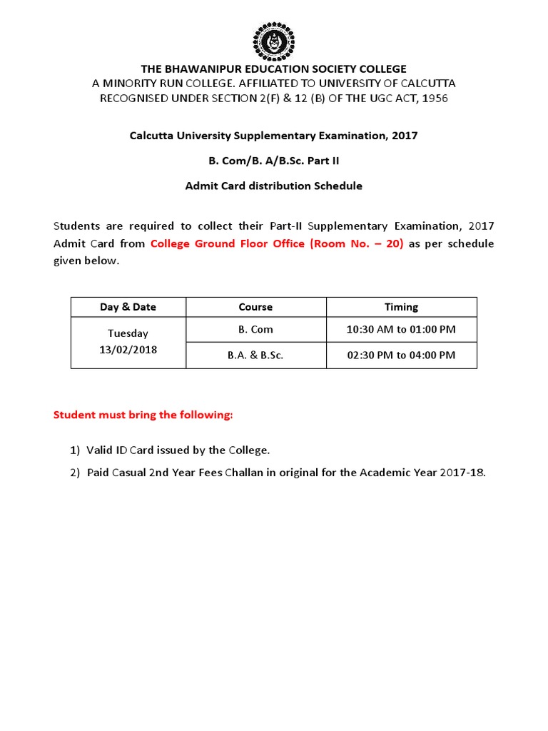 Admit Card Schedule for Calcutta University | PDF