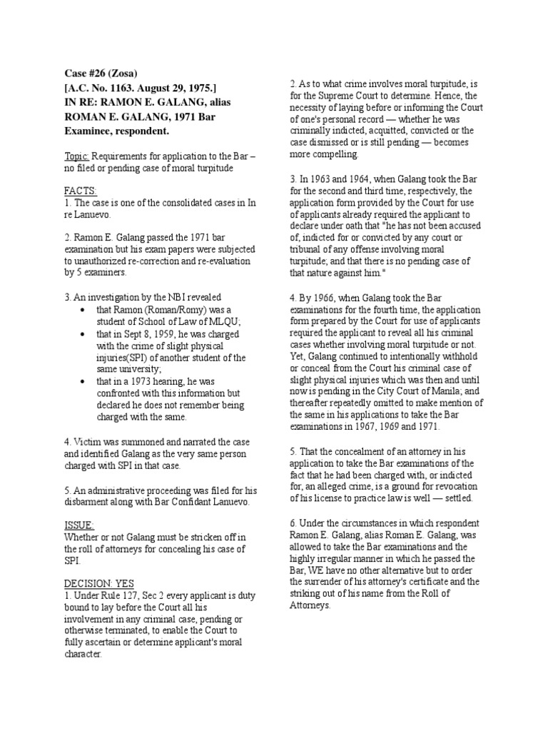 Basic Legal Ethics - Ramon Galang AC No 1163, Aug 29 1975 | PDF | Crime ...