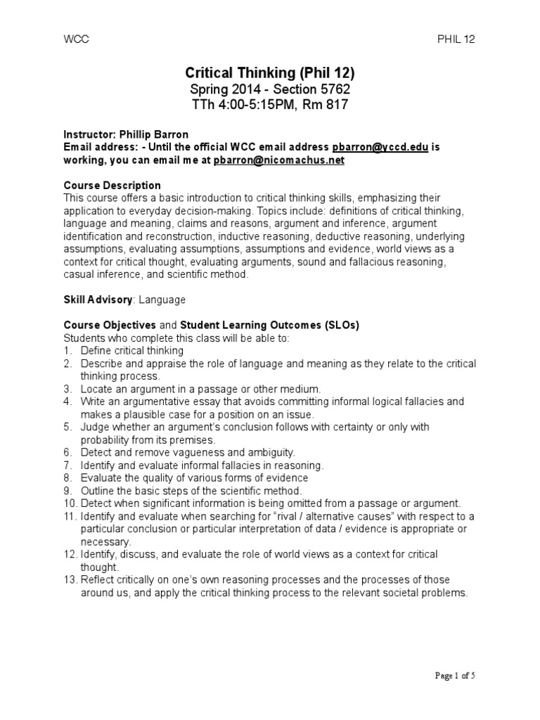 Introduction to Critical Thinking: Syllabus for Phil 12 Course at West Coast Community College ...