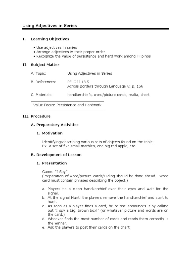 Adjectives in Series Lesson Plan for Grade 4 | PDF | Adjective | Noun