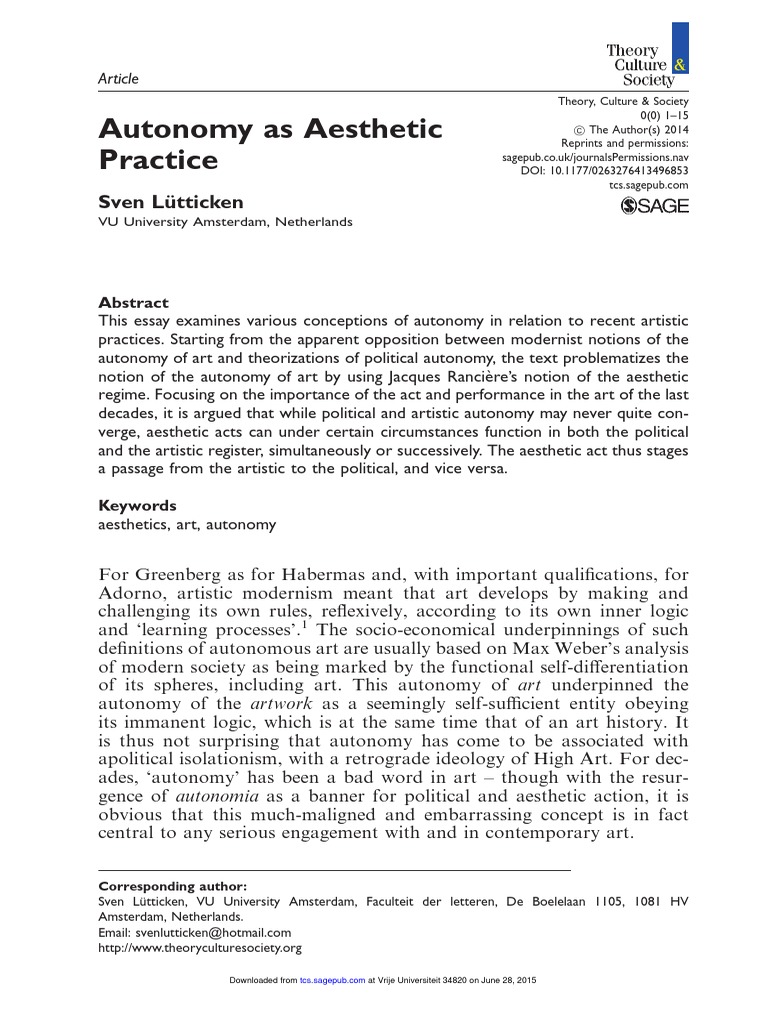 Autonomy As Aesthetic Practice | PDF | Autonomy | Immanuel Kant