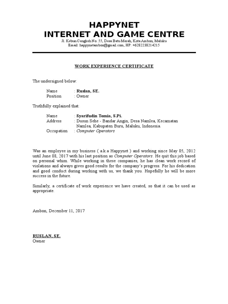 Work Experience Certificate Ambon | PDF