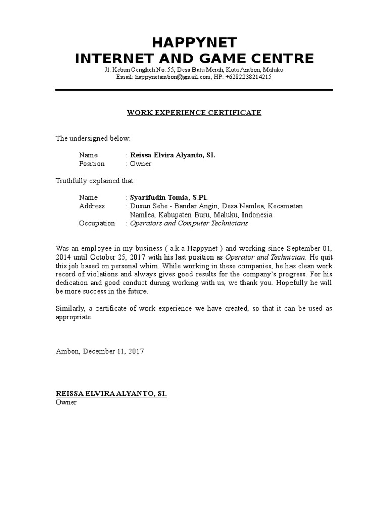 Happynet Internet and Game Centre: Work Experience Certificate | PDF