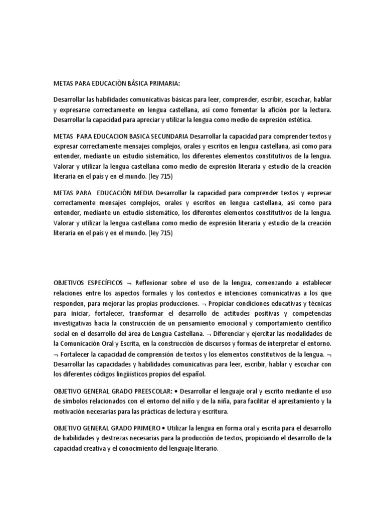 Metas para Educaciòn Bâsica Primaria | PDF | Educación primaria ...