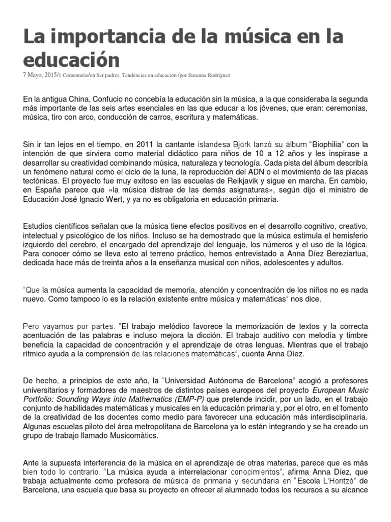 Importancia de la música en educación | PDF | Aprendizaje | Educación ...
