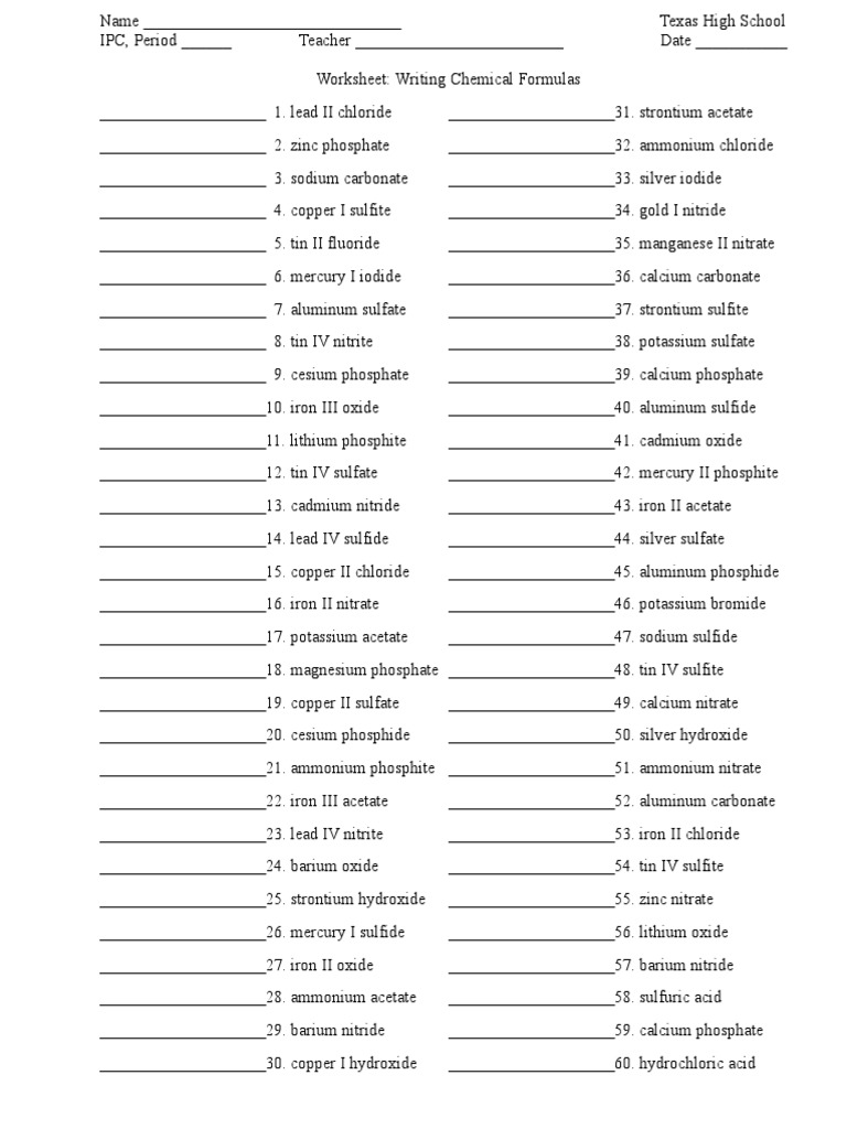 Chemical Formulas Writing Worksheet | PDF
