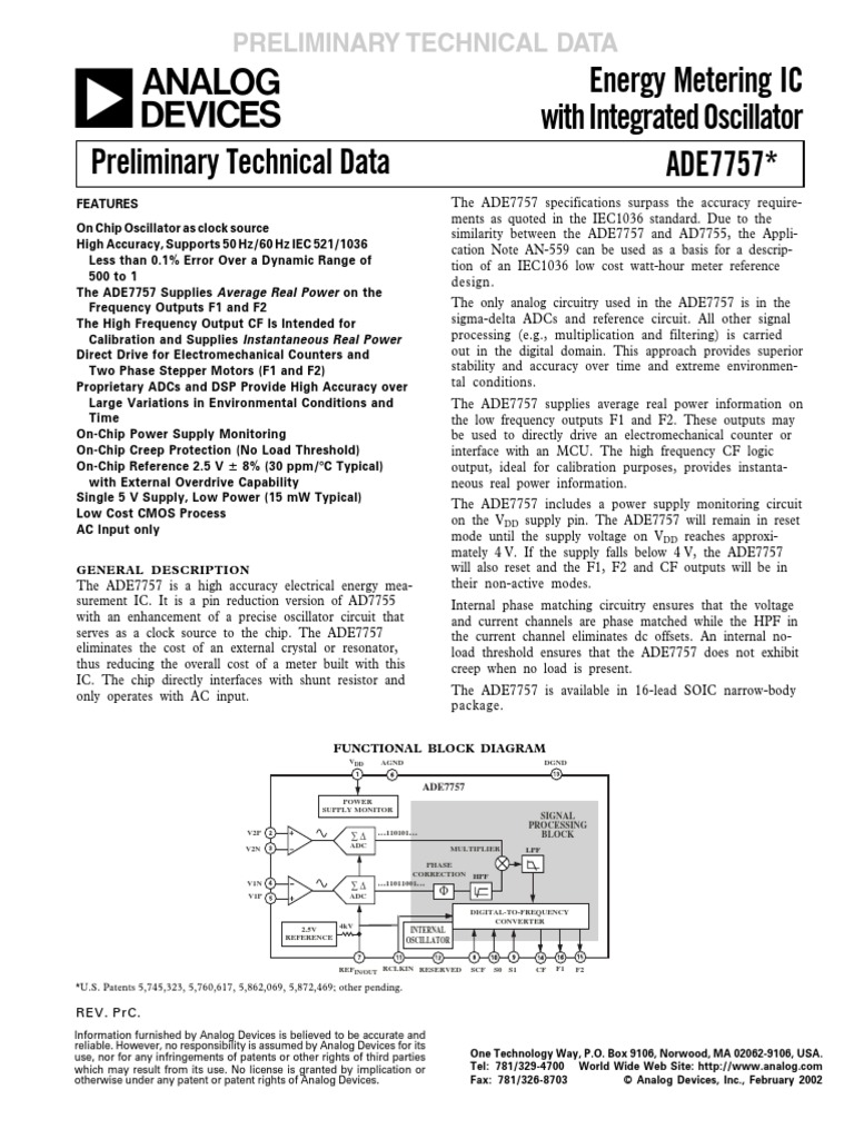 ADE7757 Analog Devices | PDF | Ac Power | Analog To Digital Converter