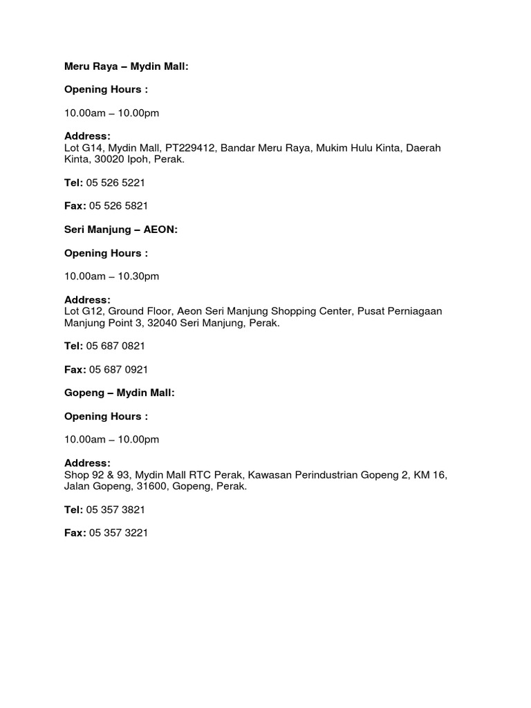 Meru Raya - Mydin Mall: Opening Hours | PDF