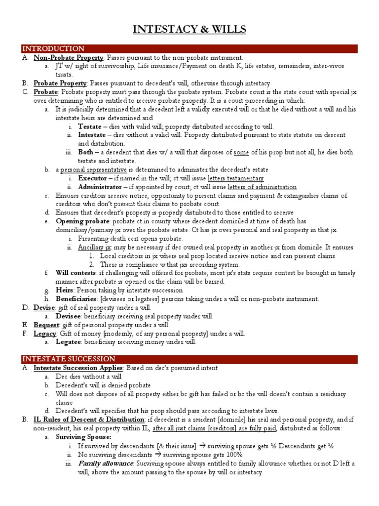 WILLS Bar Exam Outline | PDF | Will And Testament | Intestacy