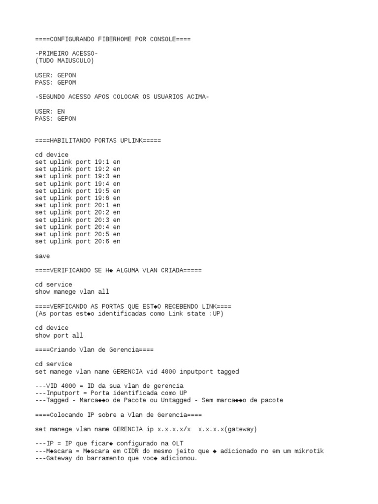 Configurando OLT Fiberhome Via Console | PDF