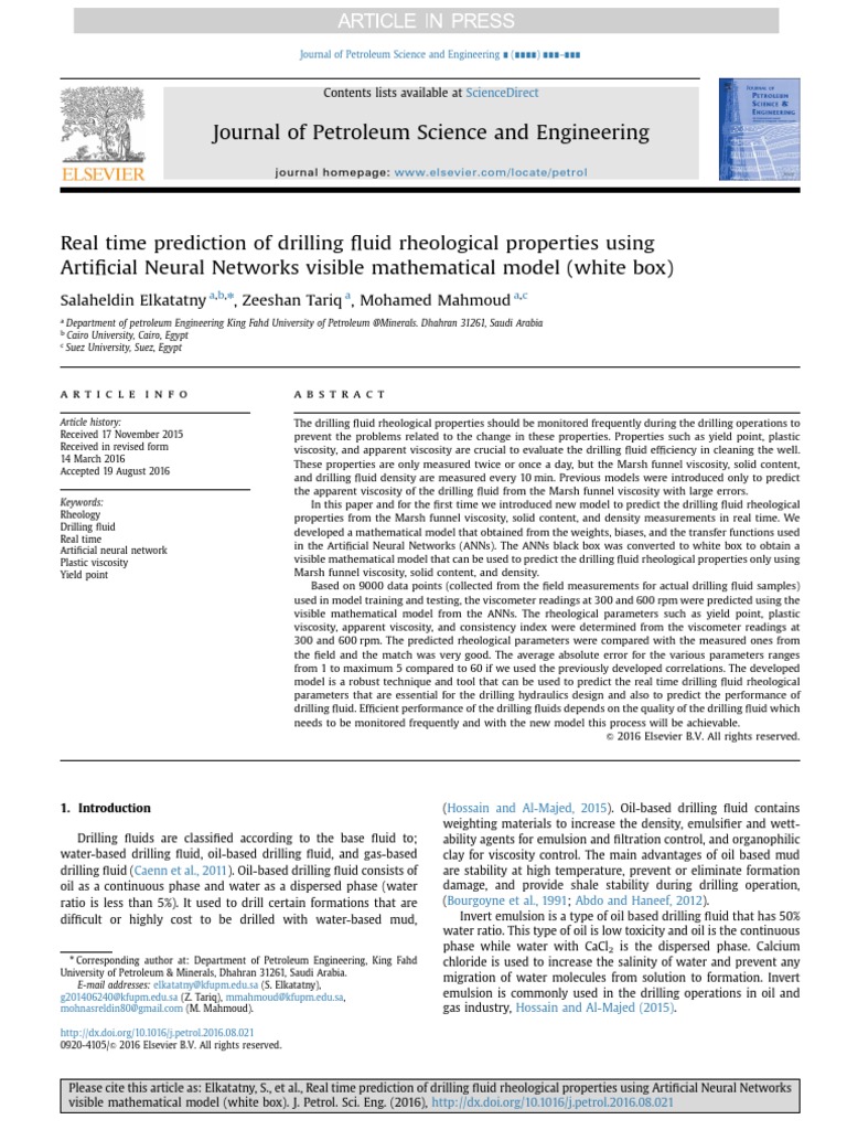 Real Time Prediction of Drilling Fluid Rheological Properties Using Artificial Neural Networks ...